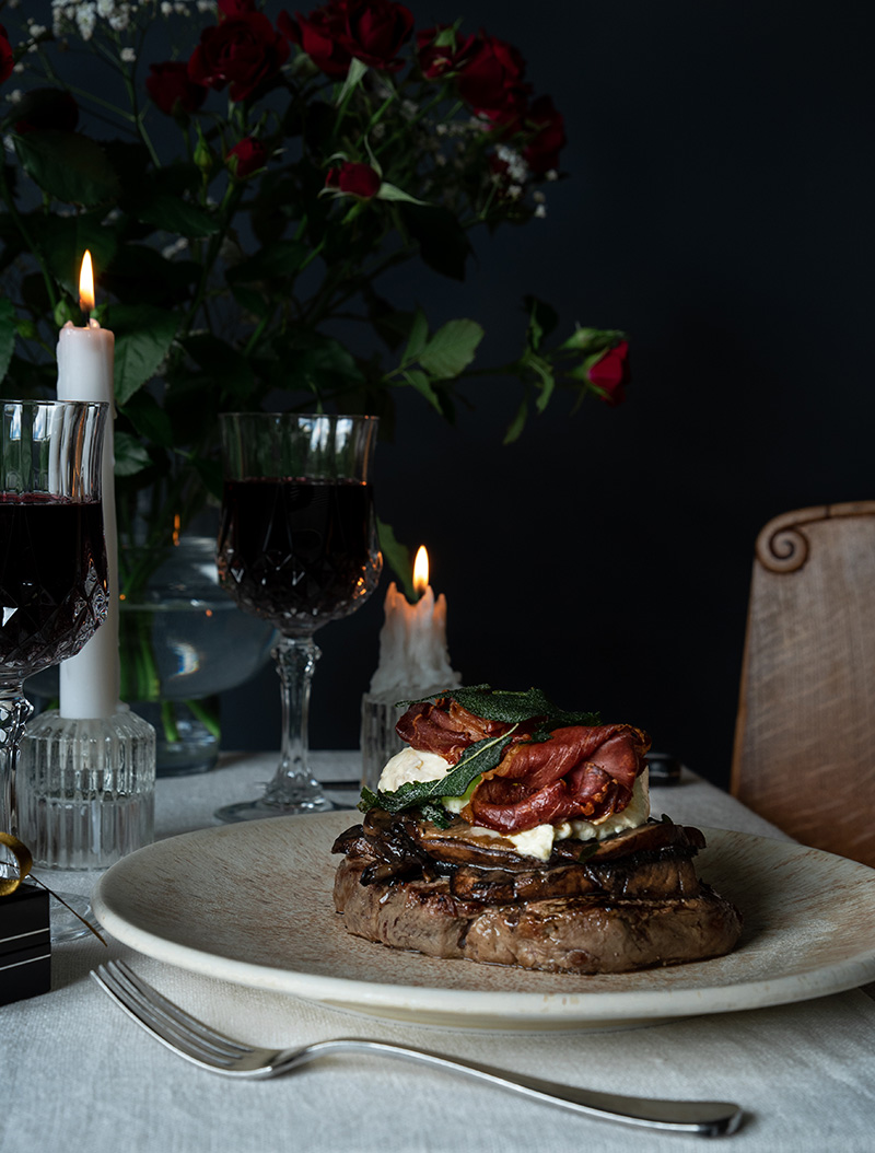 Scotch Steak with Burrata, Mushrooms, Crispy Pancetta and Sage ...