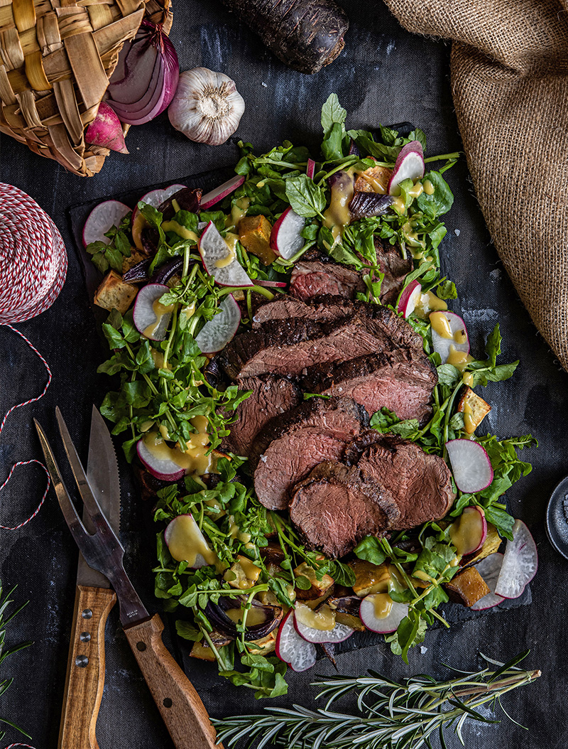Roast eye fillet with kumara watercress salad and honey mustard ...